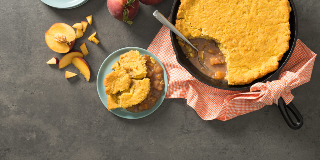 Late Summer Peach and Buttermilk Cornbread - Eggs.ca