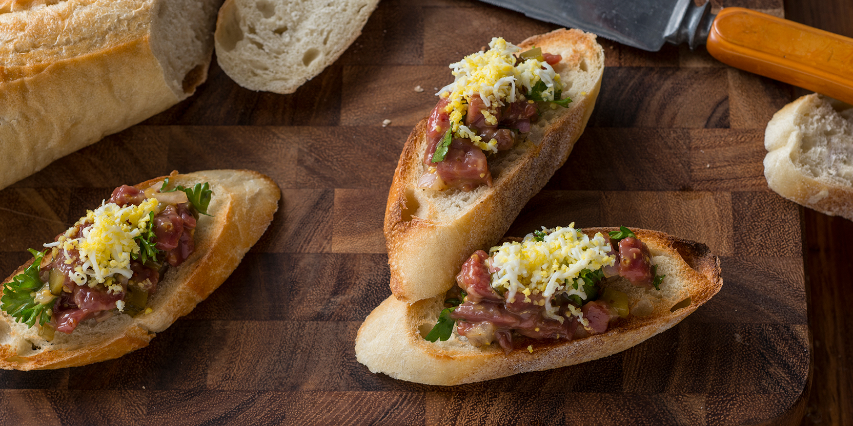 Steak Tartare Crostini and Shaved Egg - Eggs.ca